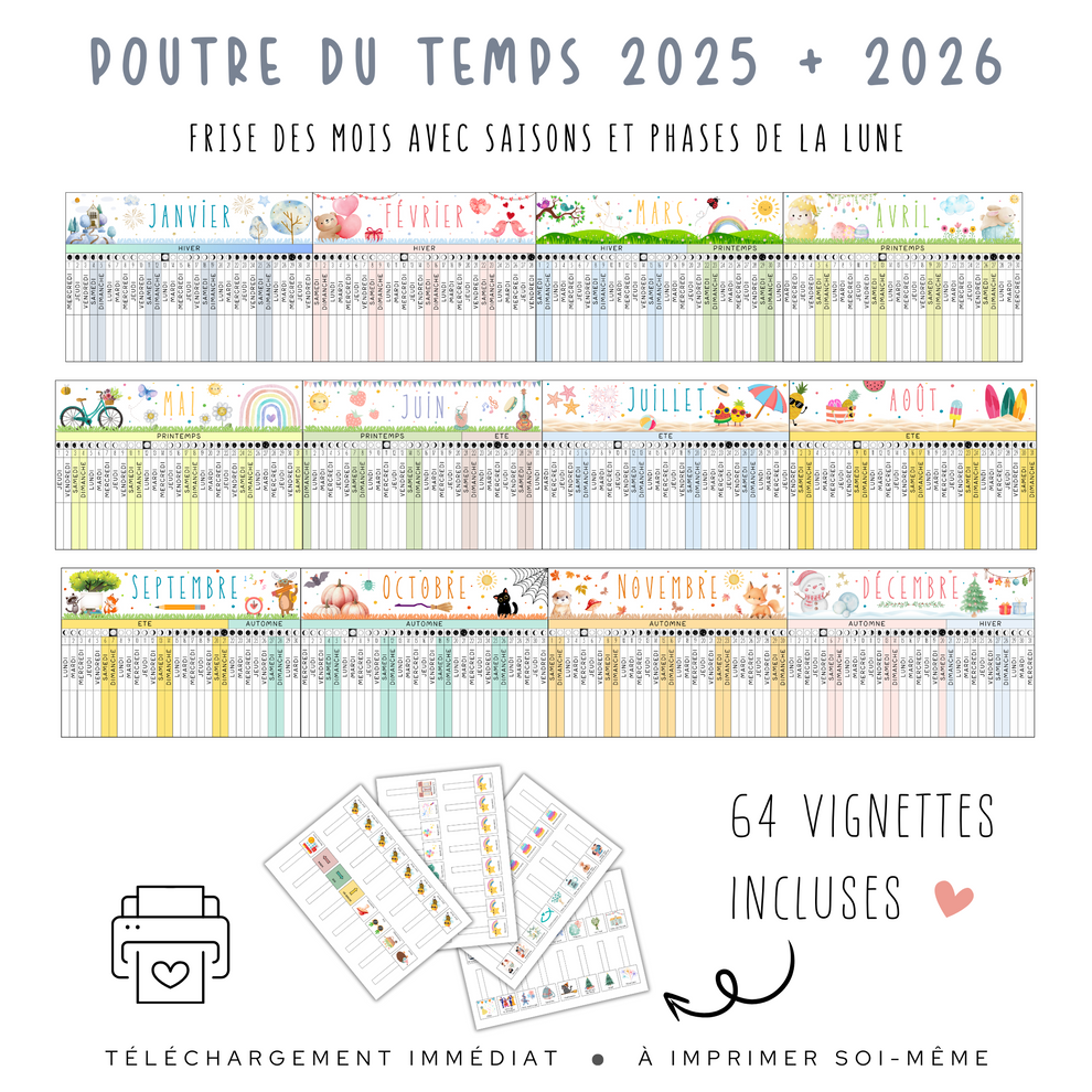 Poutre du temps enfant 2025 & 2026 - Frise des mois – Prunambulle